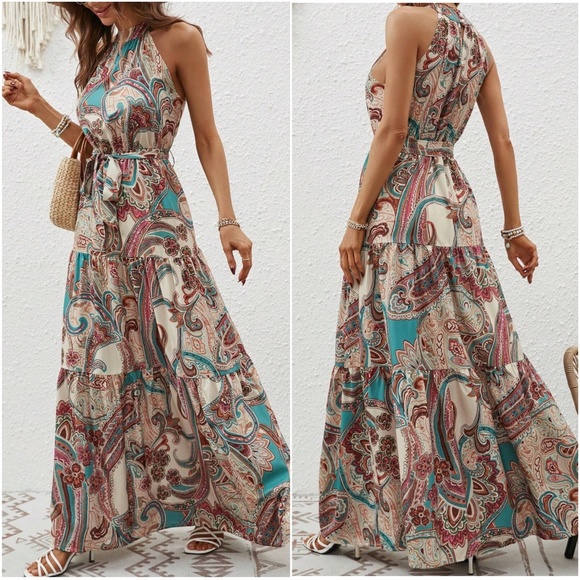 Bellanblue Dresses Boho Paisley Print Belted Halter Maxi Dress